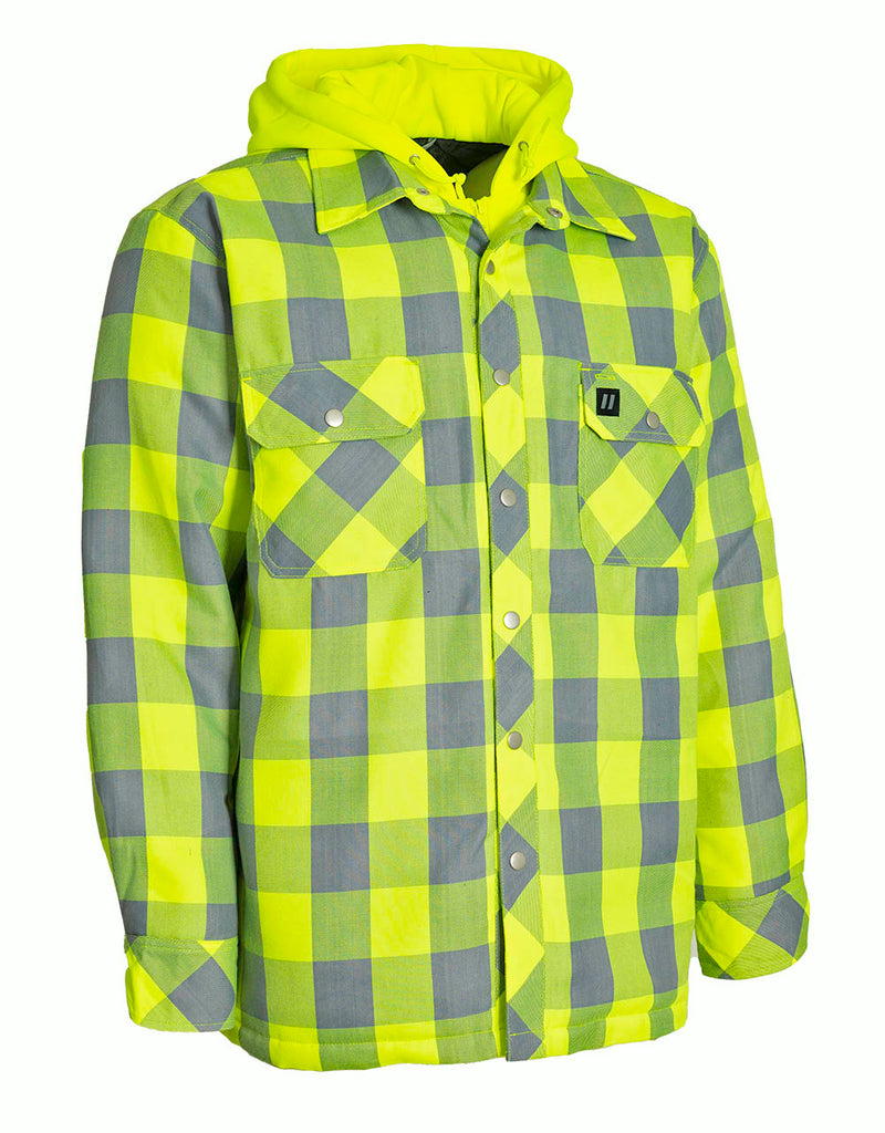 Hi Vis Hooded Buffalo Plaid Quilt-Lined Flannel Shirt Jacket